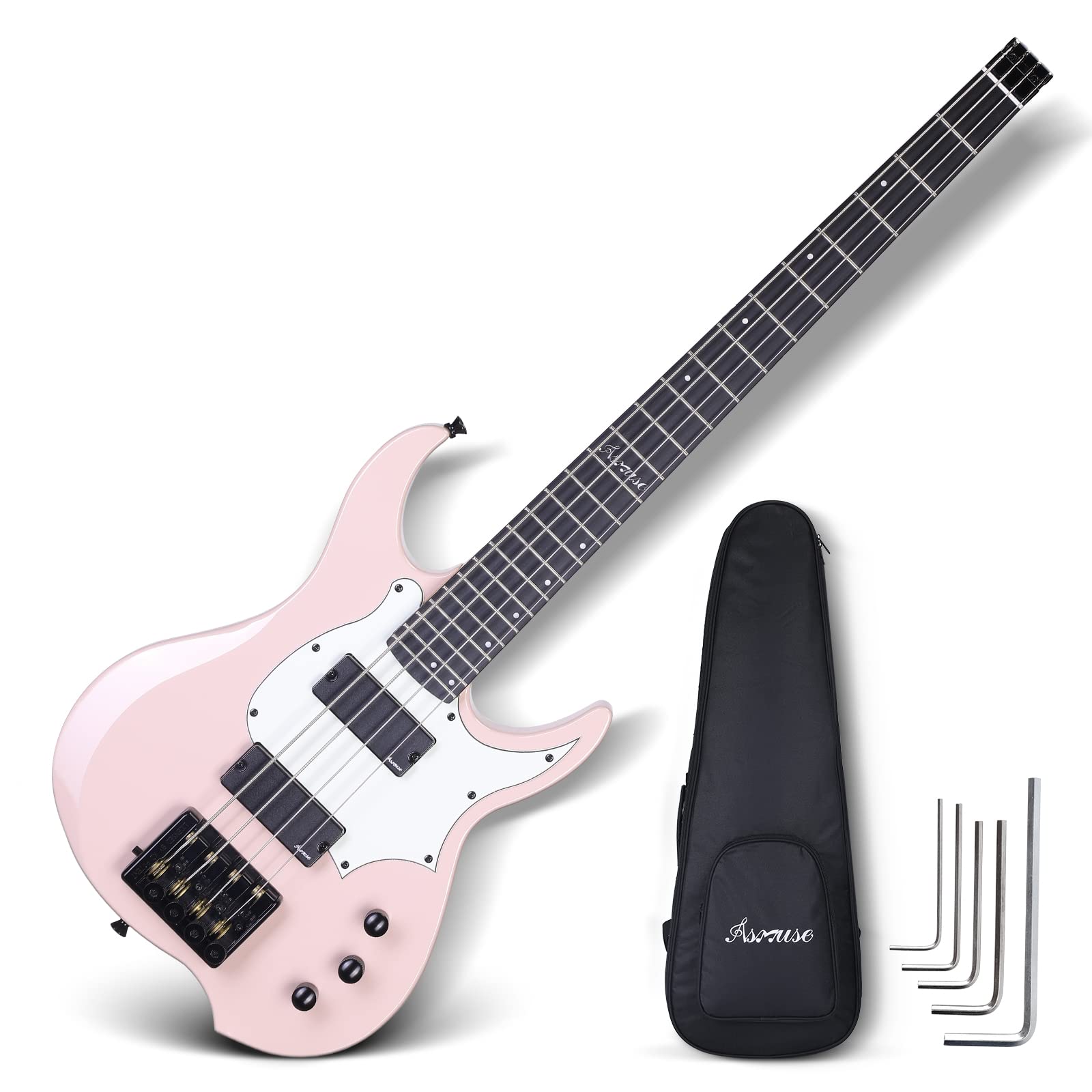Headless Electric Bass Guitar, Solid Body 4-String Electronic Guitar Bass, SS Pickup, Portable Travel Electric Bass Kit for Beginner