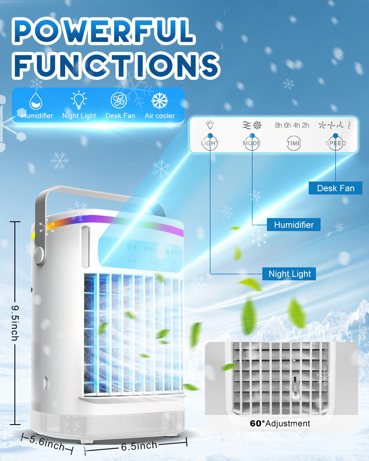 Portable Air Conditioners, 4 Speeds Evaporative Air Cooler Humidifier 600ML Waterbox Mini Air Conditioner, 2/4/6H Timer, 2 Misting Modes and LED Light, Perfect for Home Office Bedroom Camping