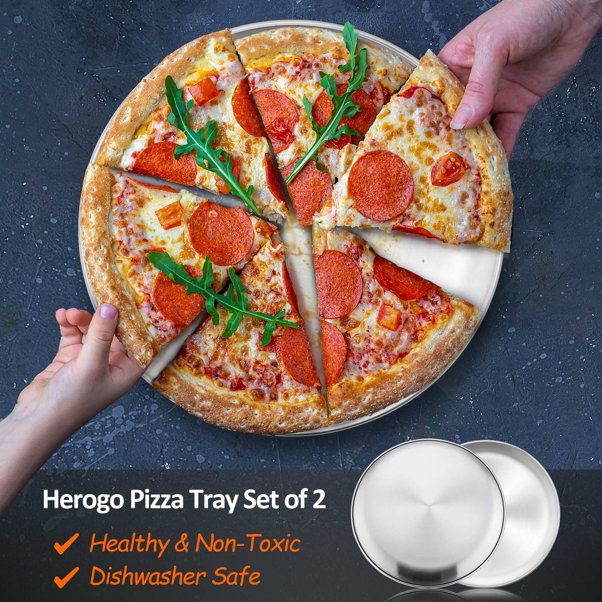 Herogo 12 Inch Stainless Steel Round Pizza Pan Set of 2, Large Healthy Pizza Tray Platter for Oven Baking Serving, Dishwasher Safe