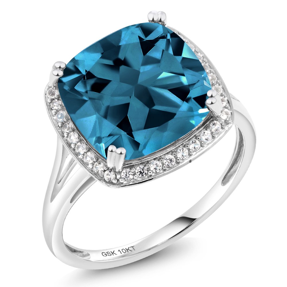 Gem Stone King 10K White Gold London Blue Topaz and White Created Sapphire Engagement Ring For Women (8.54 Cttw, Cushion 12MM, December's Gemstone Birthstone, Available In Size 5,6,7,8,9)