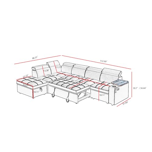 Microfiber Sectional Sleeper Sofa with Pull-Out Bed , 5 Seater Convertible L-Shaped Couch with Adjustable Headrest , Storage Armrest , Ottoman ,Cupholder ,360° Rotated Table ,USB Ports for Living Room