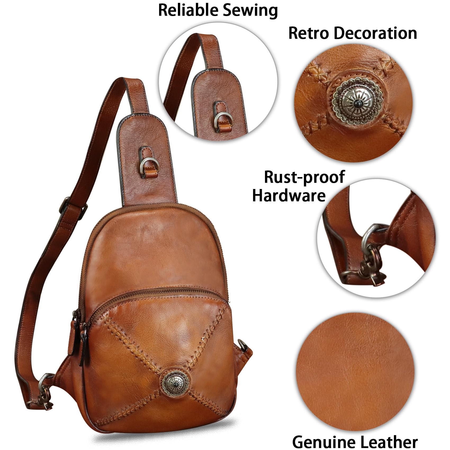 Genuine Leather Sling Bag for Women Sling Backpack Retro Chest Shoulder Vintage Handmade Hiking Crossbody Purse (Black)