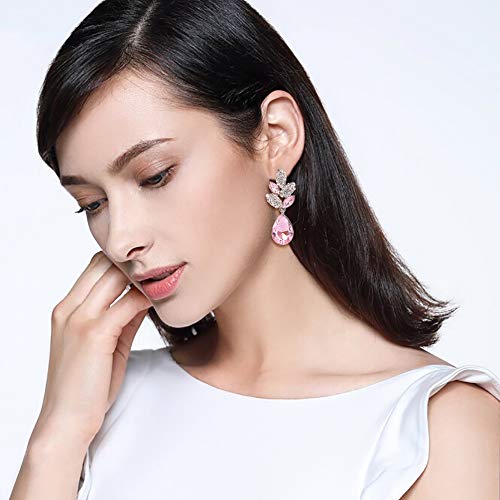 EVER FAITH Rhinestone Crystal Wedding Leaf Teardrop Pierced Dangle Earrings Pink Silver-Tone
