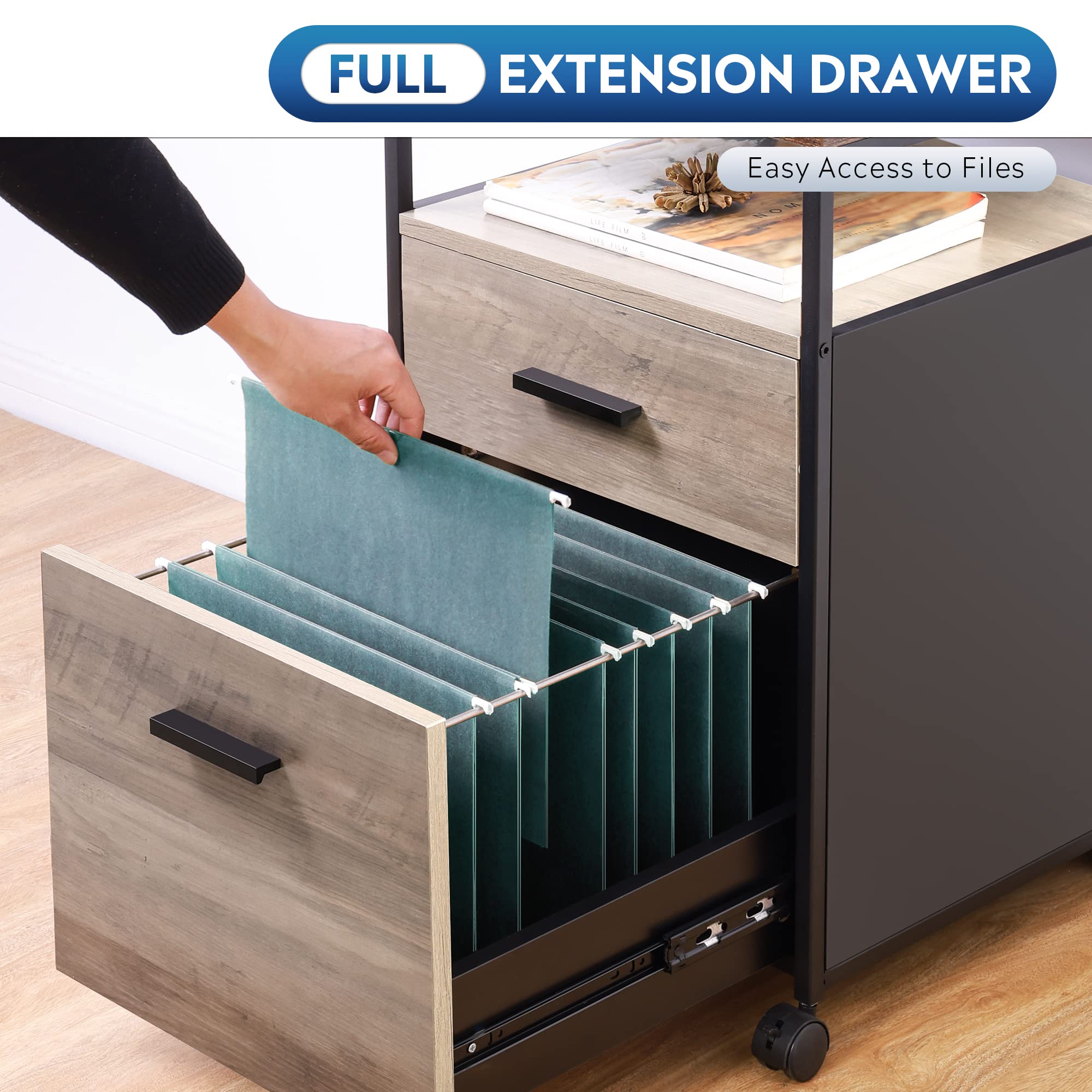 DEVAISE 2 Drawer File Cabinet, Mobile Printer Stand with Open Storage Shelf, Wood Filing Cabinet fits A4 or Letter Size for Home Office, Greige