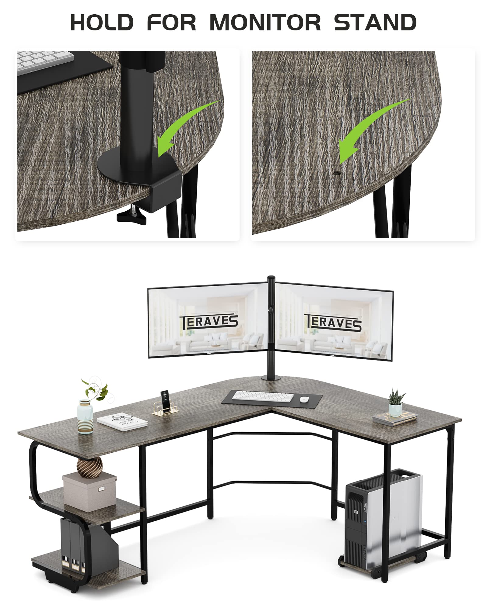 Teraves Reversible L Shaped Desk with Large Surface, 61 Inch Sturdy Corner Desk with Storage Shelves, Premium Office Computer Desk Workstation for Home Office Gaming