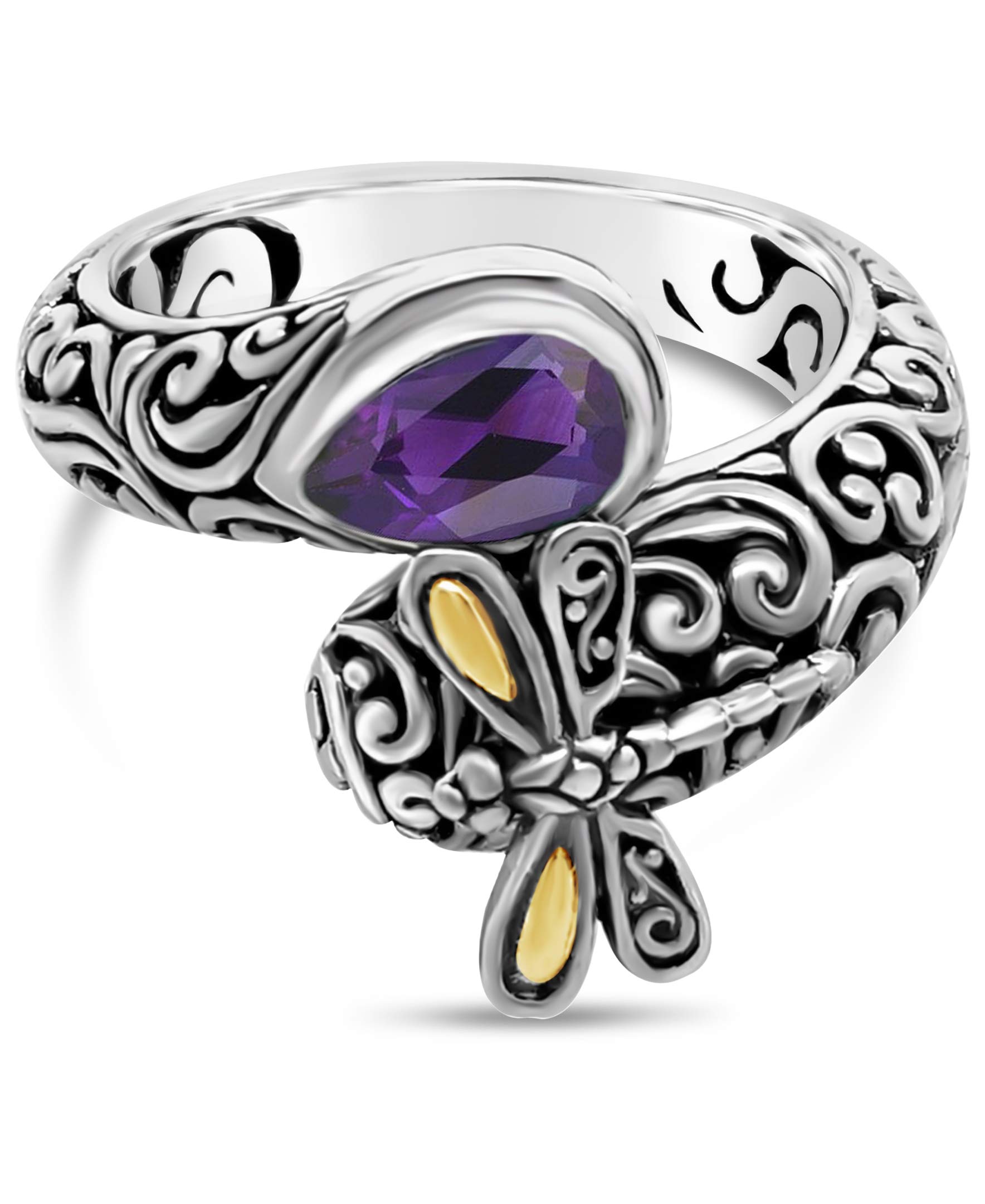 DEVATA Sterling Silver 925 and 18K Gold with Blue Topaz Sweet Dragonfly Bali Filigree Bypass Ring SFM8537ABT (Size 07)
