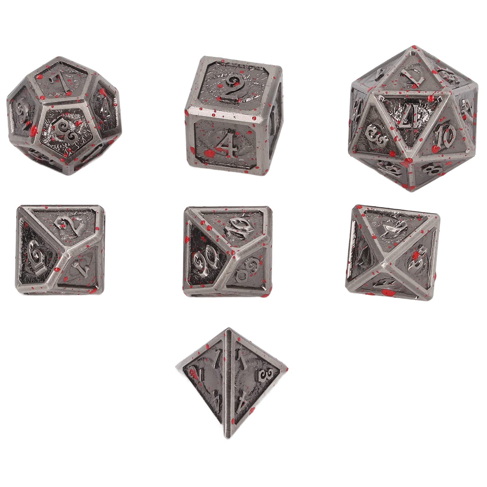 KLEOAD 7PCS Polyhedra Metal Dices Multiple Sides Engraving Number Pattern Dice Set for Table Game, Polyhedral Dice Set, Metal Dice Set for Role Playing Table Games(Electroplated Red Spots)