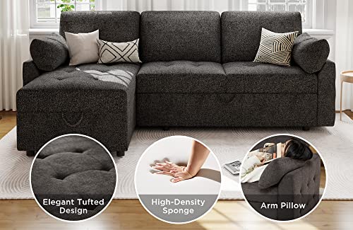 VanAcc Pull Out Sofa Bed, Modern Tufted Convertible Sleeper Sofa, Chenille Sleeper Sectional Couch Bed with Storage Chaise, L Shaped Sofa Couch for Living Room (Dark Grey)