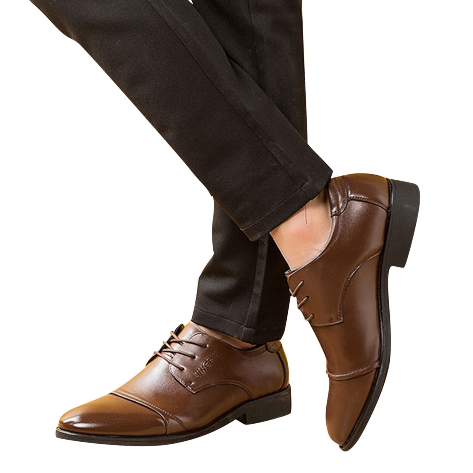 Fashion Summer and Autumn Men Leather Shoes Low Heel Pointed Toe Lace Up Solid Color Simple British Style Casual Dress Boot Brown