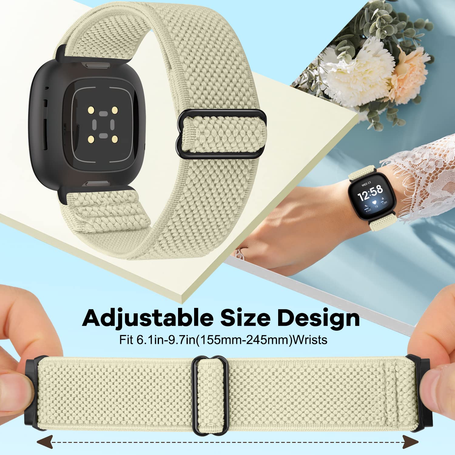 Fimpressiont Compatible with Fitbit Sense/Fitbit Versa 3 Bands Women Men - Adjustable Stretchy Nylon Solo Loop Braided Sport Elastic Strap for Fitbit Sense & Versa 3 Wristband 5 Pack