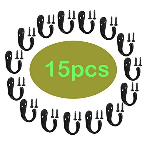 SOEAEODG 15 Pieces Wall Mounted Coat Hook Robe Hook Flat Black Towel Holder for Bathroom, Bathroom Accessories and 30Pieces Screws for Bath Kitchen Garage Single Coat Hanger (Black Color)