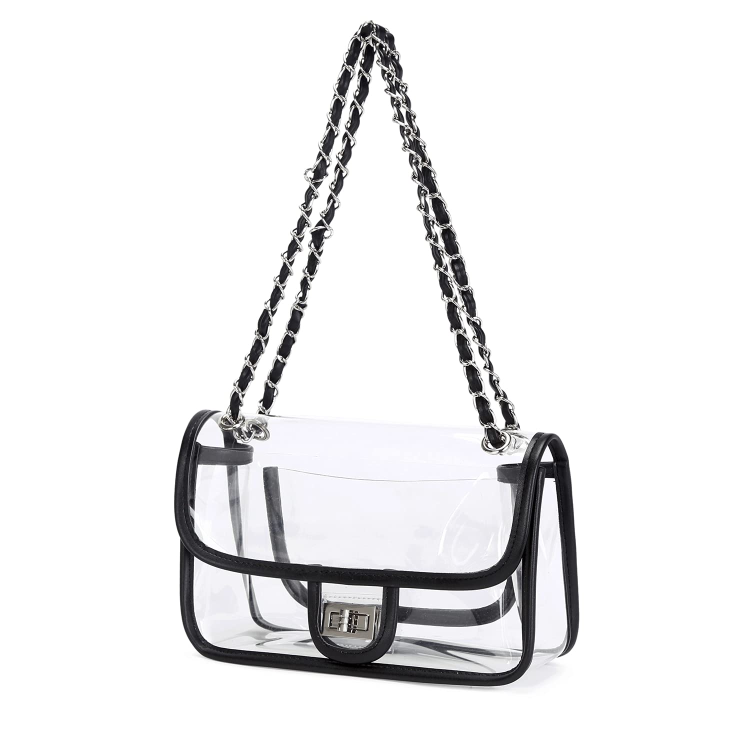 LAM GALLERY Womens PVC Clear Purse Handbag with Chain Stadium Approved Clear Bag See Through Bag for Working and Concert (Black Gold Large)
