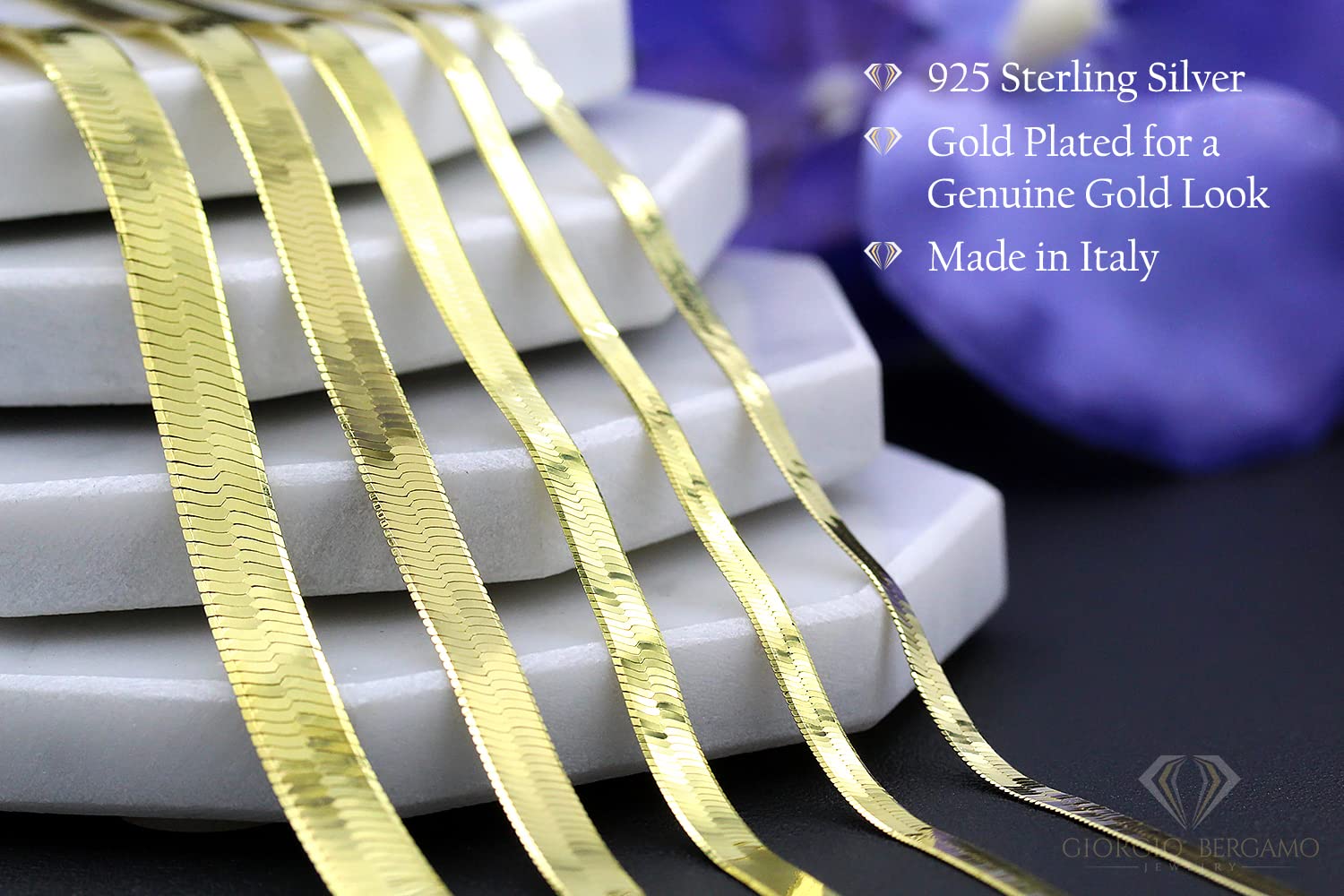 Giorgio Bergamo 925 Sterling Silver 9.5mm Herringbone Chain, Yellow Gold Plated Flat Imperial Link Necklace, (18)