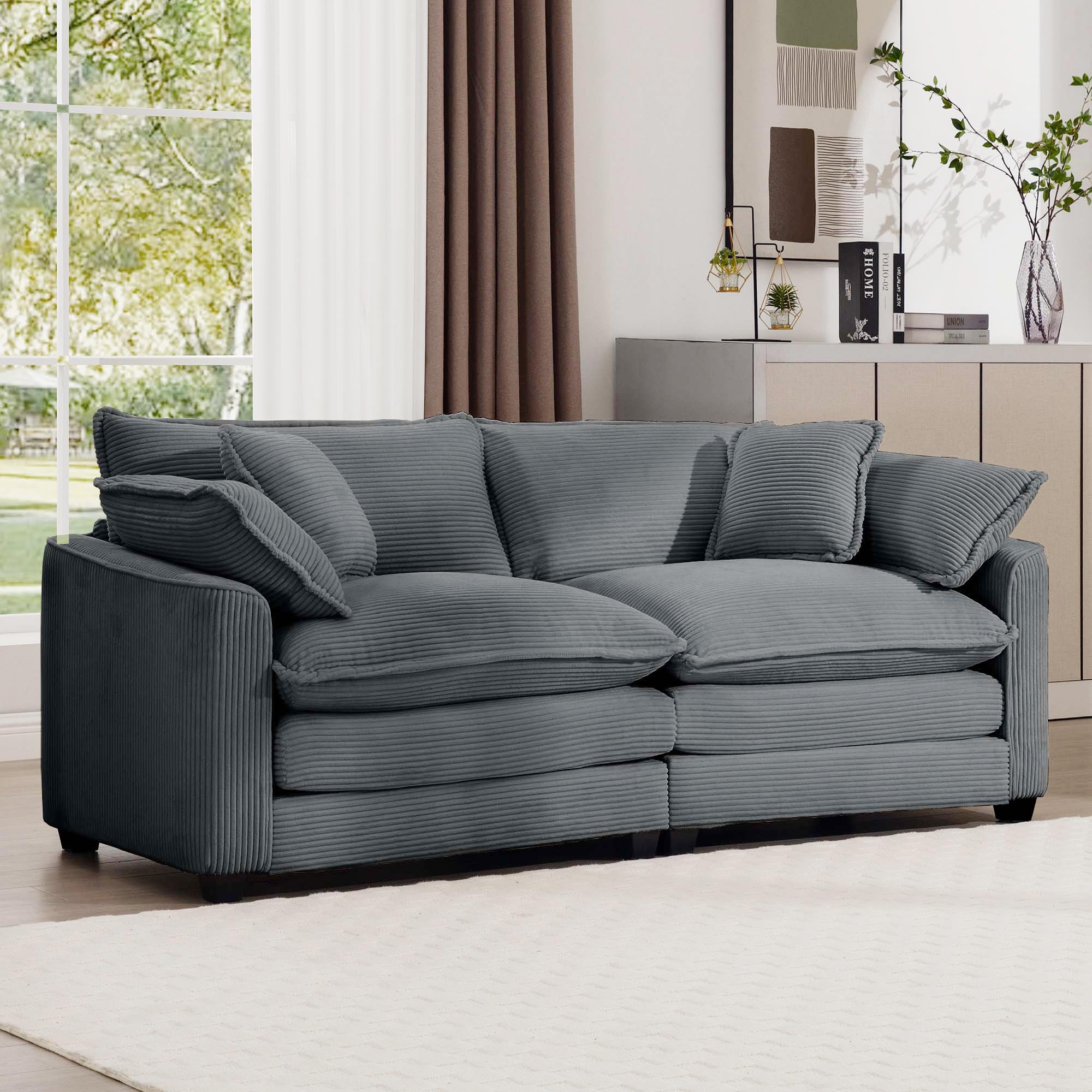 mikibama Luxury Modular Sectional Sofa, 80 Inch Modern Corduroy Comfy Cloud Couches for Living Room Office, Loveseat Deep Sofa with 2 Armrest Pillows and 2 Toss Pillows, Grey