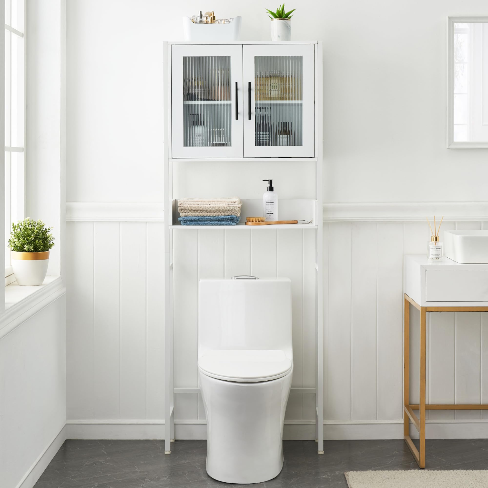 IDEALHOUSE Over The Toilet Storage Cabinet, Bathroom Storage Cabinet Organizer with Doors and Adjustable Shelf, Freestanding Bathroom Storage Rack, White