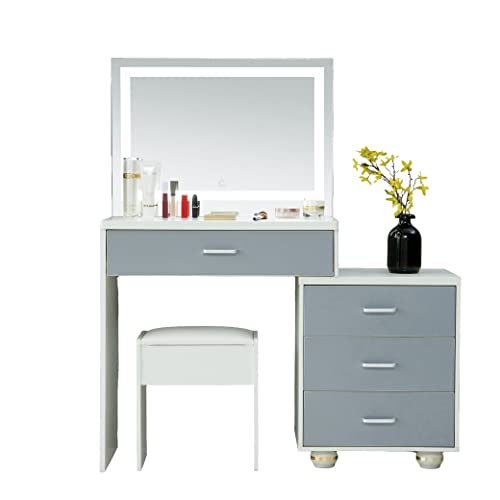 Vanity Makeup Dressing Table Stool Set, Modern Dressing Table Makeup Desk with LED Touch Light Mirror Drawers Shleves Stool(46.5" L*13.7âW*49âH) White