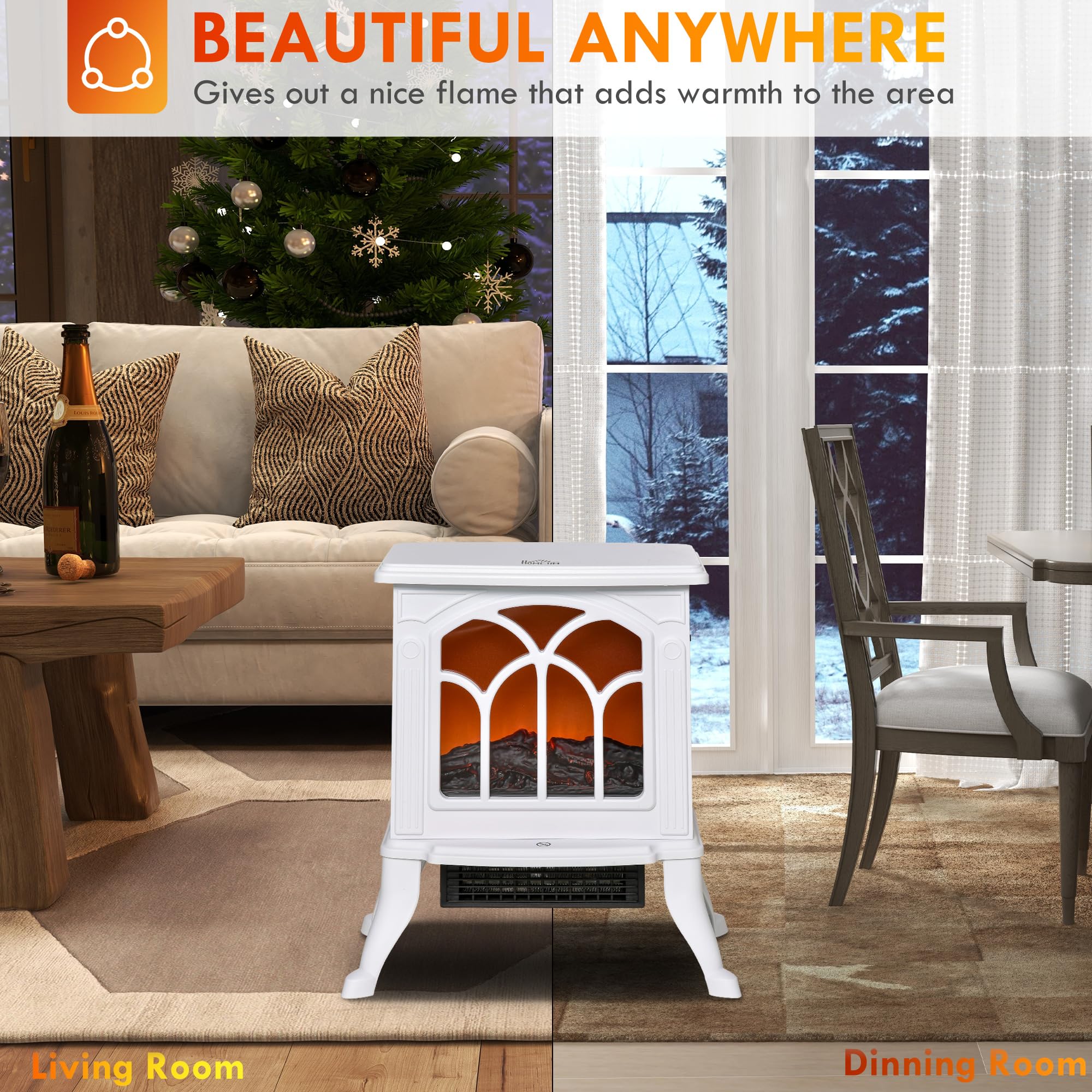 HOMCOM 17" Freestanding Electric Fireplace Stove, Fire Place Heater with Realistic Logs and Flame Effect, Adjustable Temperature, and Overheat Protection, 750W/1500W, White