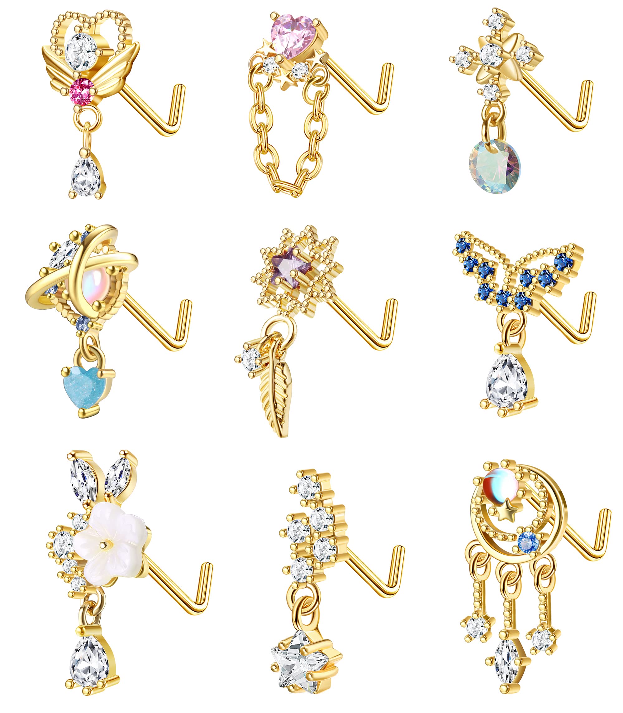 Florideco 9Pcs 20G Dangle Nose Rings Studs for Women Dangle Nose Ring Studs Stainless Steel L Shaped Nose Studs Heart Blue Planet CZ Dangling Nose Piercing Jewelry Gold