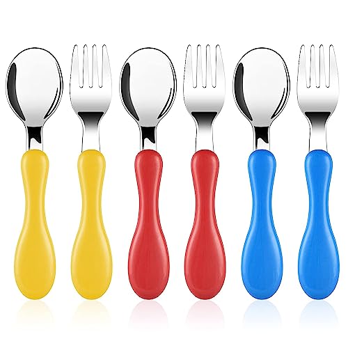 Vicloon Toddler Utensils, 6 Pcs Stainless Steel Baby Forks and Spoons Silverware Set, Children Safe Spoons and Forks with Flat Handle, Baby Feeding Cutlery, Dishwasher Safe (Yellow Red Blue)