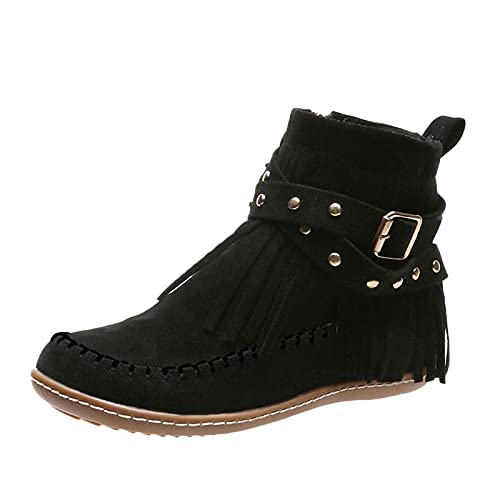 FASDNENDYS Shoes Short Booties Round Zipper Toe Women Flat Color Solid Retro Tassel Women's Boots Infant Boots Black