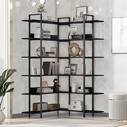 Merax 6-Tier Corner Bookshelf L Shaped Bookcase, Open Large Vintage Industrial Storage and Display Shelves with Metal Frame for Home Office, Black