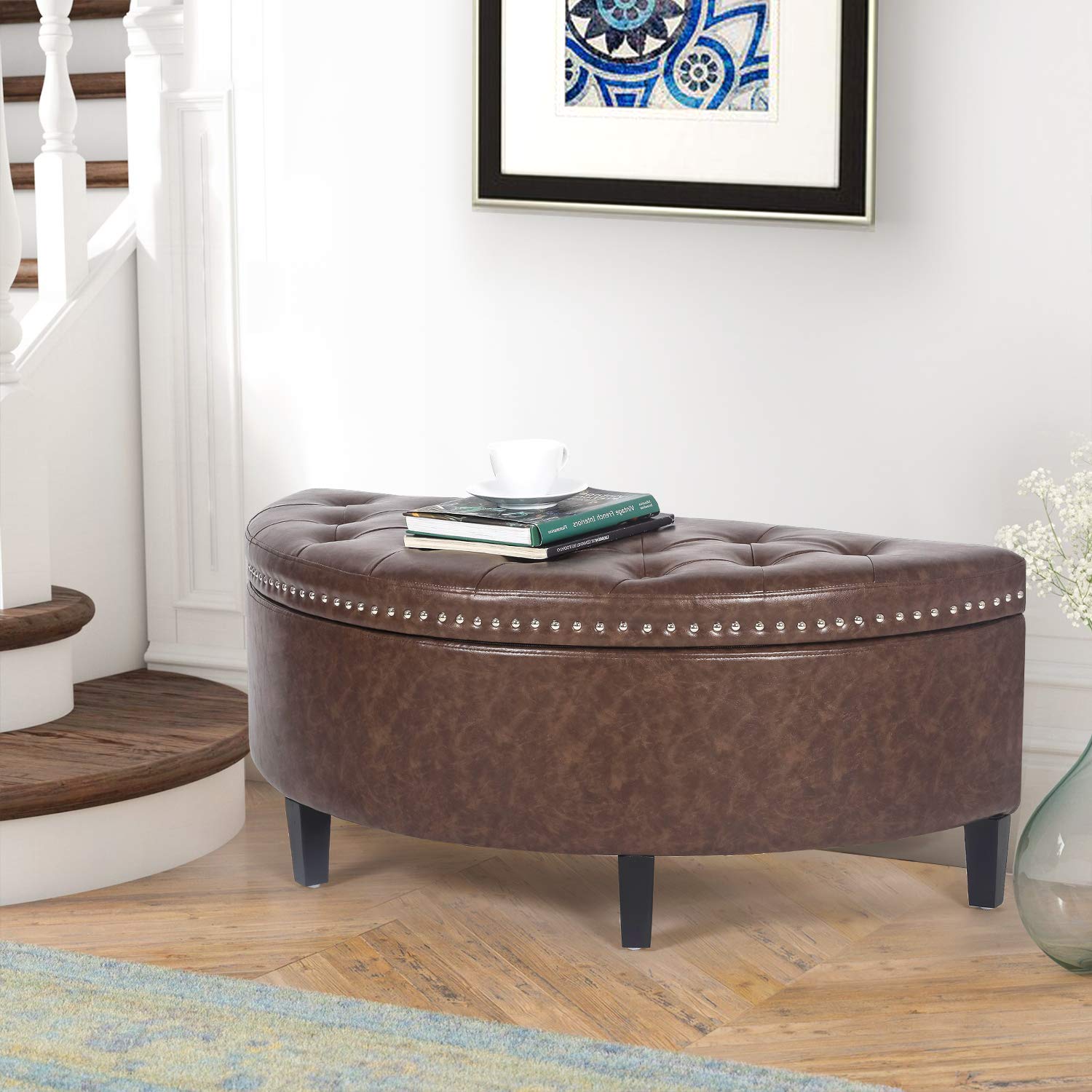 Homebeez 43.5" Half Moon Storage Ottoman Bench, Lift Top Faux Leather Storage Ottoman Bench for Bedroom Living Room (Light Brown)