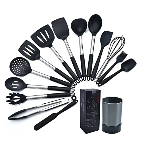 RANIT Silicone Kitchenware Spatula15-Piece Set, Stainless Steel Handle Kitchen Utensils Household Cooking Spoon Shovel Kitchenware Set (Black)
