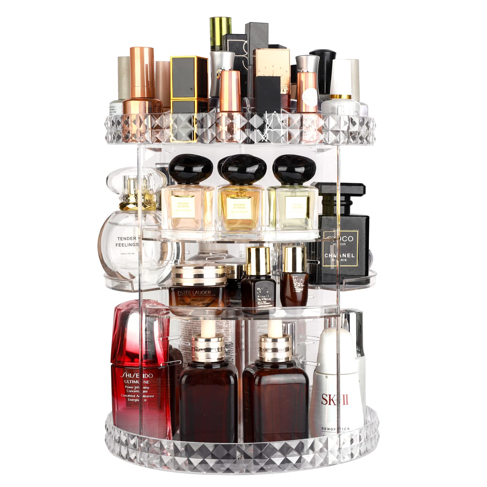 LAMUKA Rotating Makeup Organizer, Large Capacity DIY Spinning Cosmetic Organizer with Adjustable Perfume Tray, Makeup Skincare Brush Carousel Storage Holder for Dresser or Vanity Bathroom Countertop