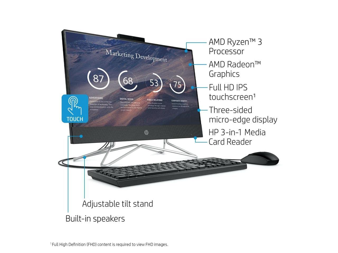 HP All-in-One 22" FHD IPS Business Desktop, AMD Ryzen 3 3250U Processor, Windows 11 pro, 12GB RAM, 512GB SSD, DVD Writer, HDMI, WiFi, Bluetooth, PCS