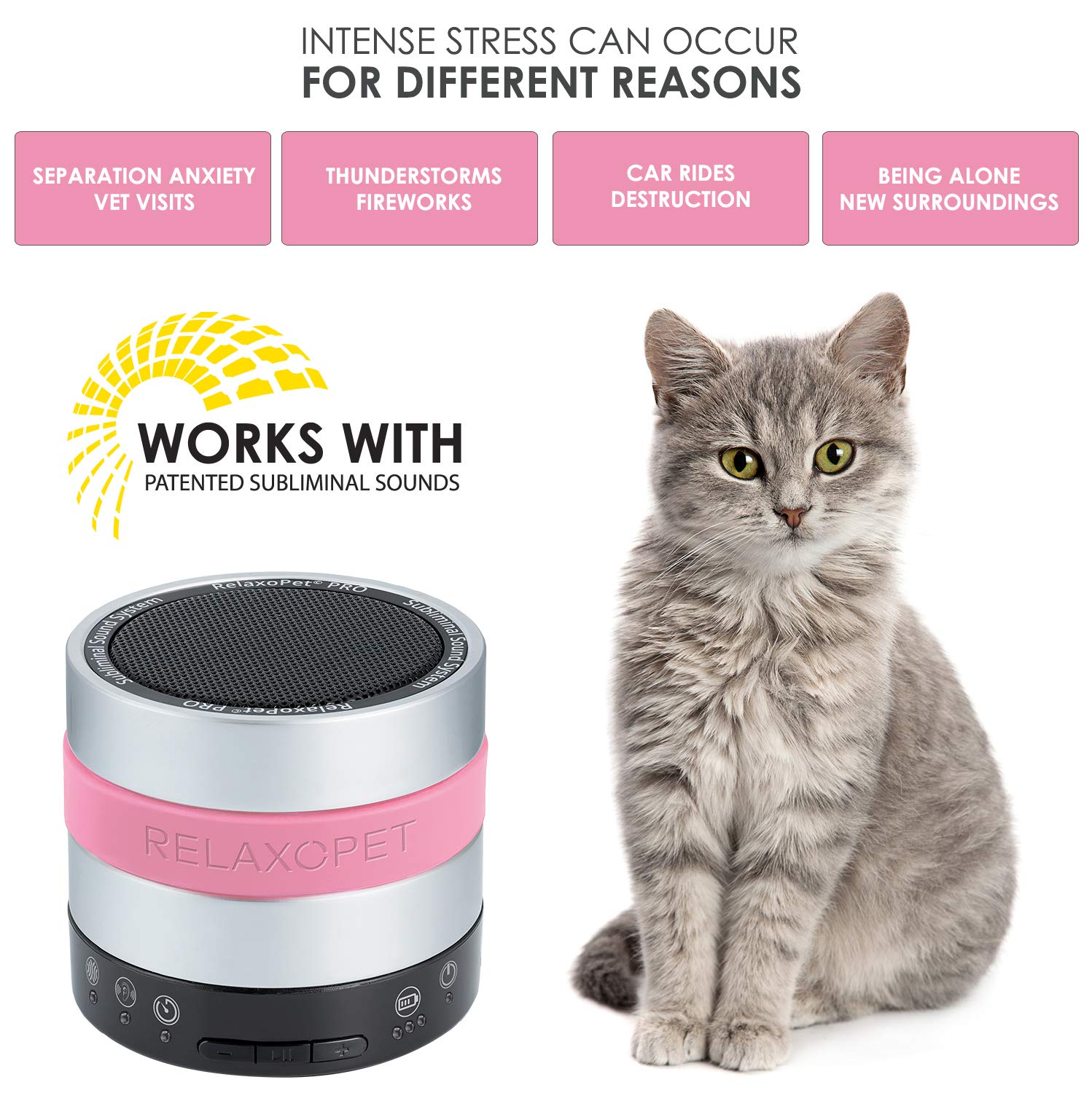 RelaxoPet PRO, Relaxation Trainer for Cats, Stress Relief and Calming Device for Cats Helps with Cat Anxiety, Reduces Destructive Behavior, Spraying, Scratching. Subliminal Sound Calming Aid