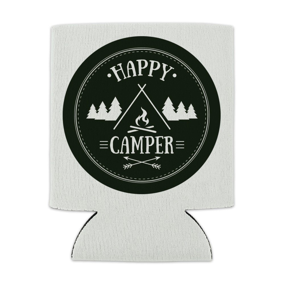 Happy Camper with Campfire Can Cooler - Drink Sleeve Hugger Collapsible Insulator - Beverage Insulated Holder