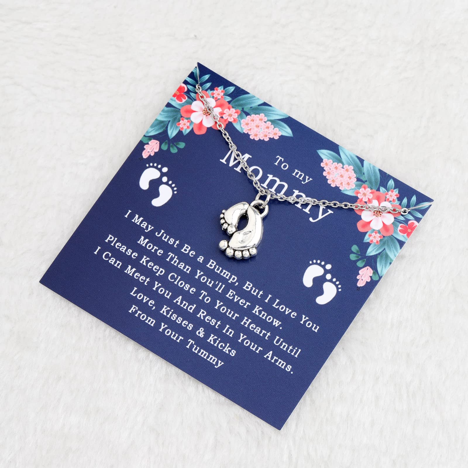 WSNANG First Time Mom Pregnancy Gift Necklace with Message Card Feet Footprints Pendant Necklace for Expecting Mom (Feet Bump NL Card)