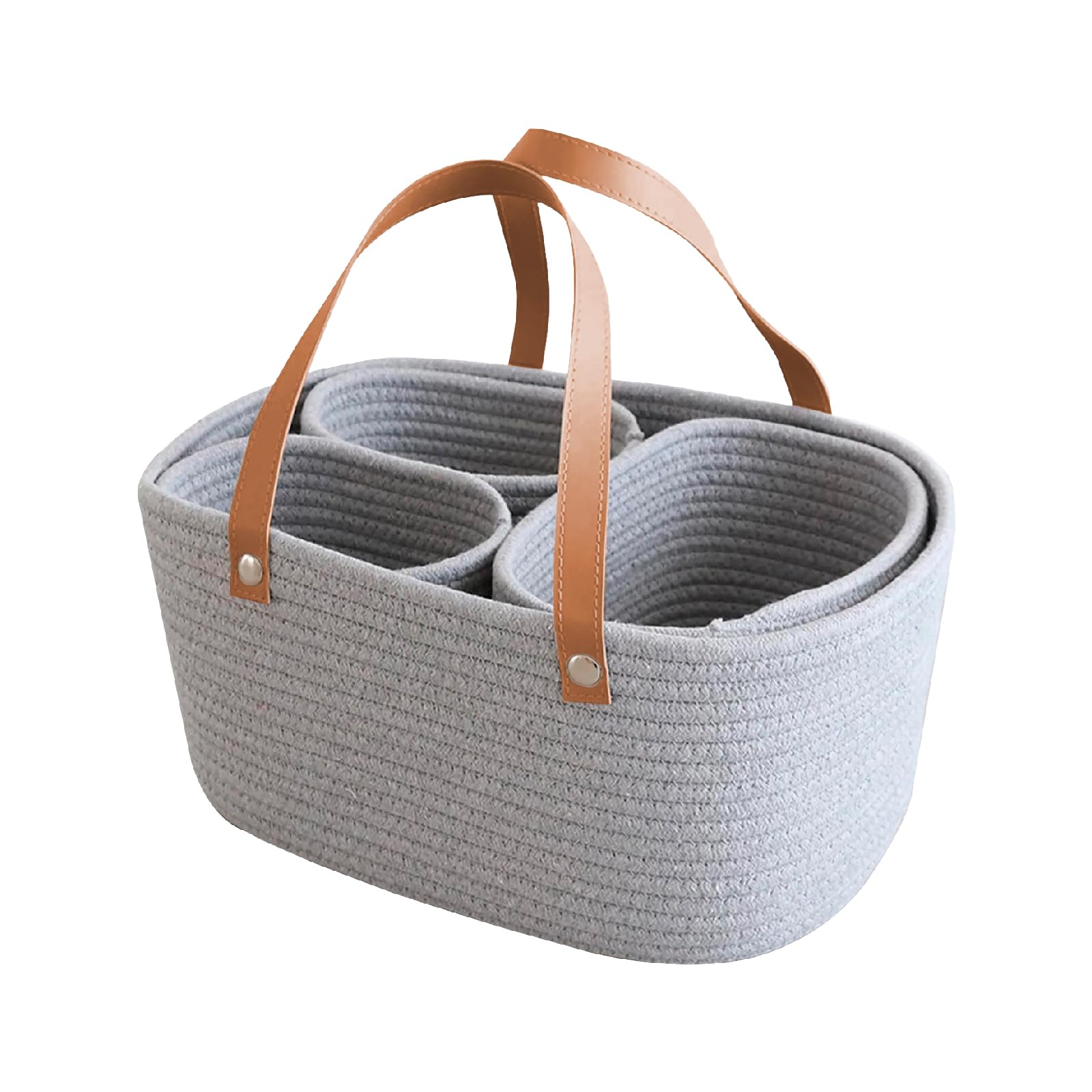 Oliver & Emilia Storage Basket β Portable Small Decorative Woven Cotton Rope Organizer - Leather Handle & Three Removable Bins for Toy, Baby Gift, Laundry, Living Room, Nursery, Towel, Blanket - Grey