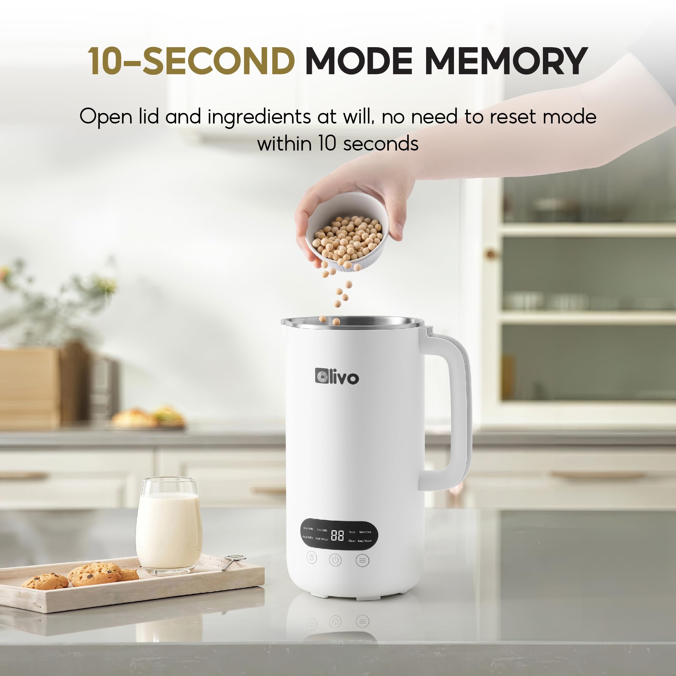 OLIVO CB1000 Automatic Nut Milk Maker - Almond, Cashew, Soy & Oat Milk Maker - Smoothie Blender - Soup Maker, 35 Oz, 9 Functions, 304 Stainless Steel, Safety Sensor, Spill-Proof, Easy Use (White)