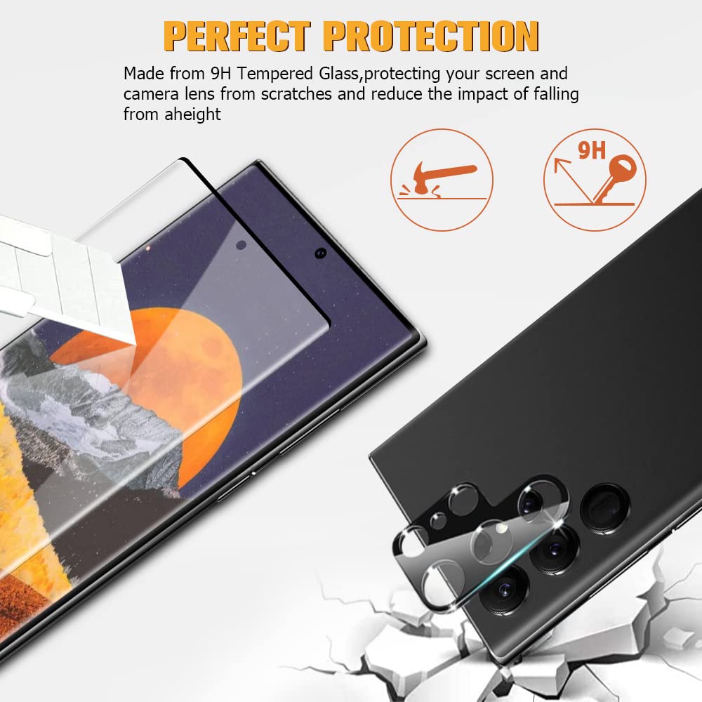 Galaxy S22 Ultra Screen Protector 【2+2 Pack】With Camera Lens Protector, Compatible Fingerprint, 3D Glass Full Coverage 9H Hardness Tempered Glass Screen Protector for Samsung Galaxy S22 Ultra 5G 6.8