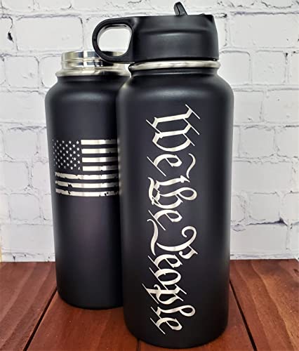 WTP We The People American Flag Stainless Steel Water Bottle Insulated - Double Walled Two-Sided Laser Engraved Hydration Bottle Hot or Cold / 32 oz US Constitution
