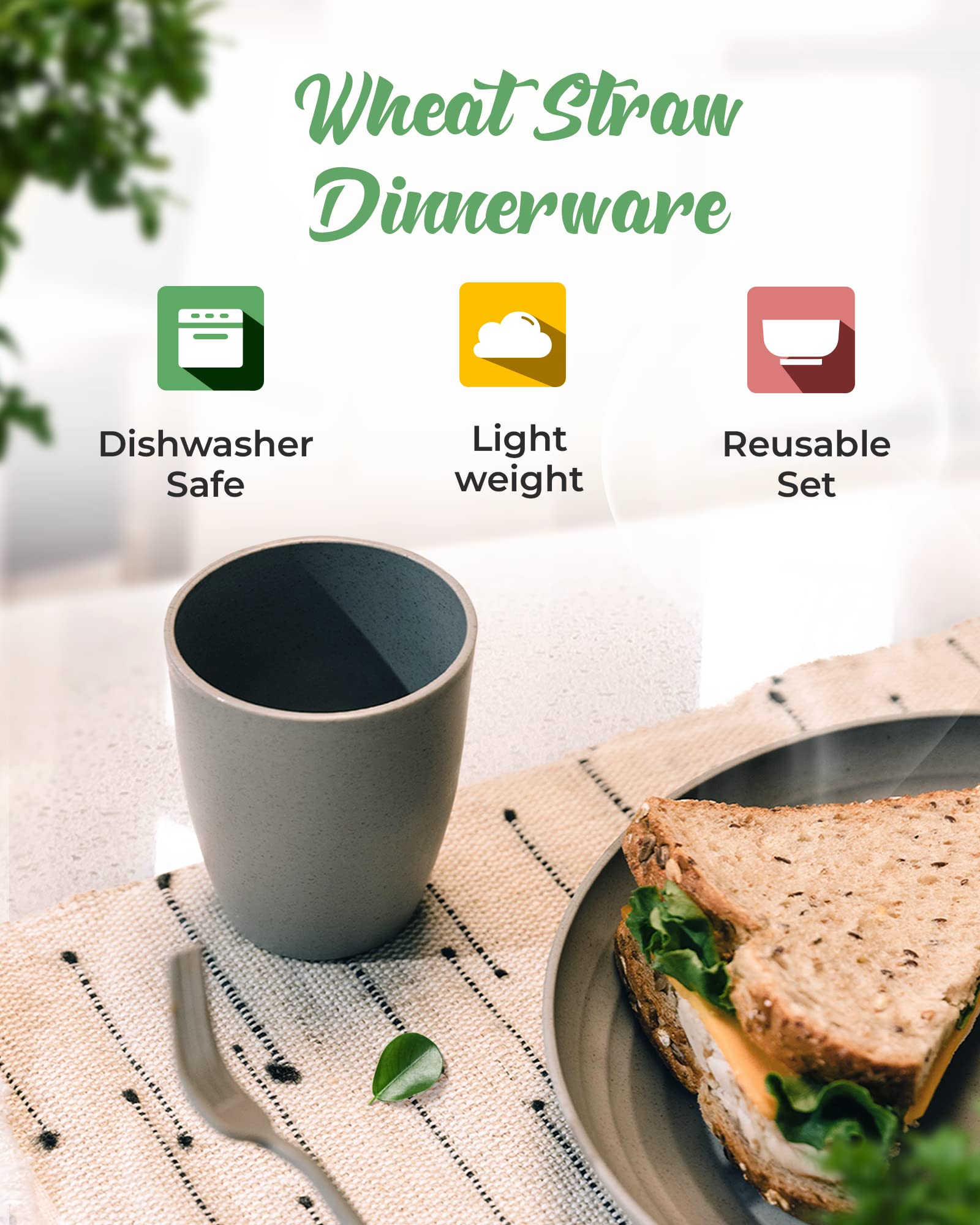 GREENDISH Wheat Straw Dinnerware Set 24-Piece - Cups, Plates and Bowls Sets for 4 with Reusable Cutlery Utensils - Unbreakable Wheatstraw Plastic Dinnerware Set with Fork Spoon Knife - Dishwasher Safe