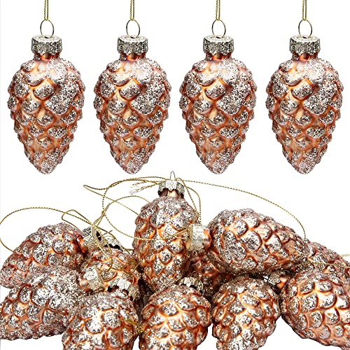 Watayo 12 Pcs Christmas Pinecone Glass Ornaments- Fall Hanging Pine Cone Painted Glass Ornaments- Glitter Pinecone Christmas Ornament for Xmas Tree DIY Crafts Fall Thanksgiving Day Decoration
