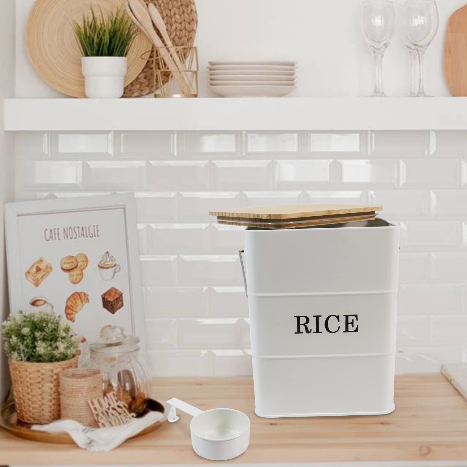 Gdfjiy Rice Container Metal Rice Storage Bin, Rice Storage Box with Airtight Bamboo Lid & Scoop, Food Storage Container for Rice Flour Soybean Grain Cereal (Cream White)