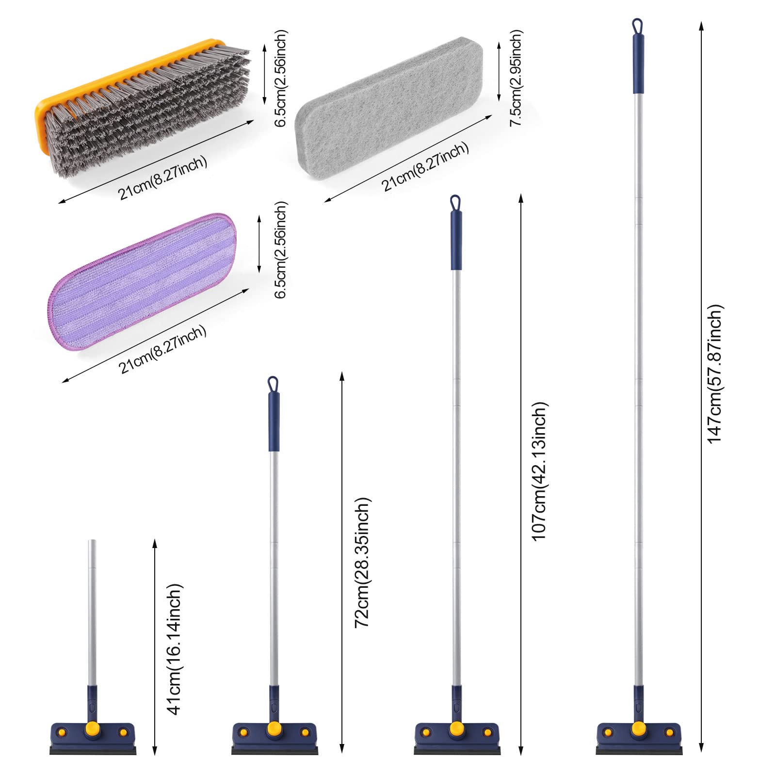 MARSBASE Floor Scrub Brush, 4 in 1 Shower Scrubber with 58" Long Handle, Stiff Bristle Tub Tile Cleaning Brush, No Scratch Multi-use Household Brush for Bathroom, Glass, Tile, Bathtub, Wall, Kitchen
