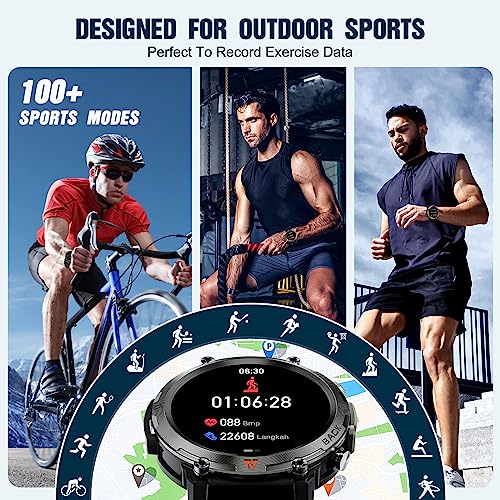 Military Smart Watch for Men with Flashlight(Bluetooth Call/Answer), 1.45β Rugged Tactical Smartwatch for Sleep Heart Rate Pedometer, Outdoor Fitness Tracker Compatible with Android iPhone Black