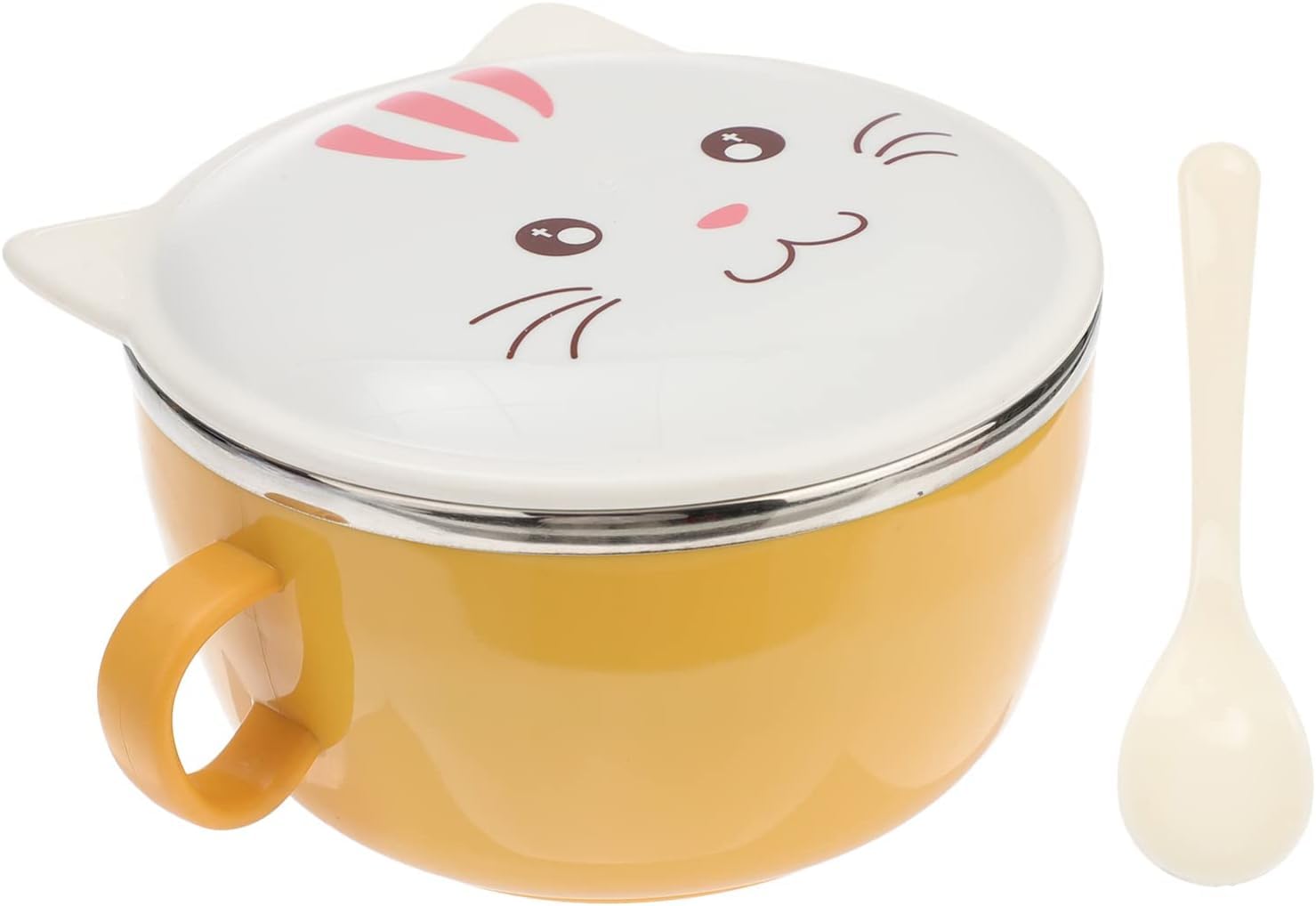 Hemoton Stainless Steel Noodle Bowl with Lid Cartoon Cat Bowl Instant Noodle Bowl Insulated Ramen Bowl Pasta Bowl Kitchen Tableware Yellow