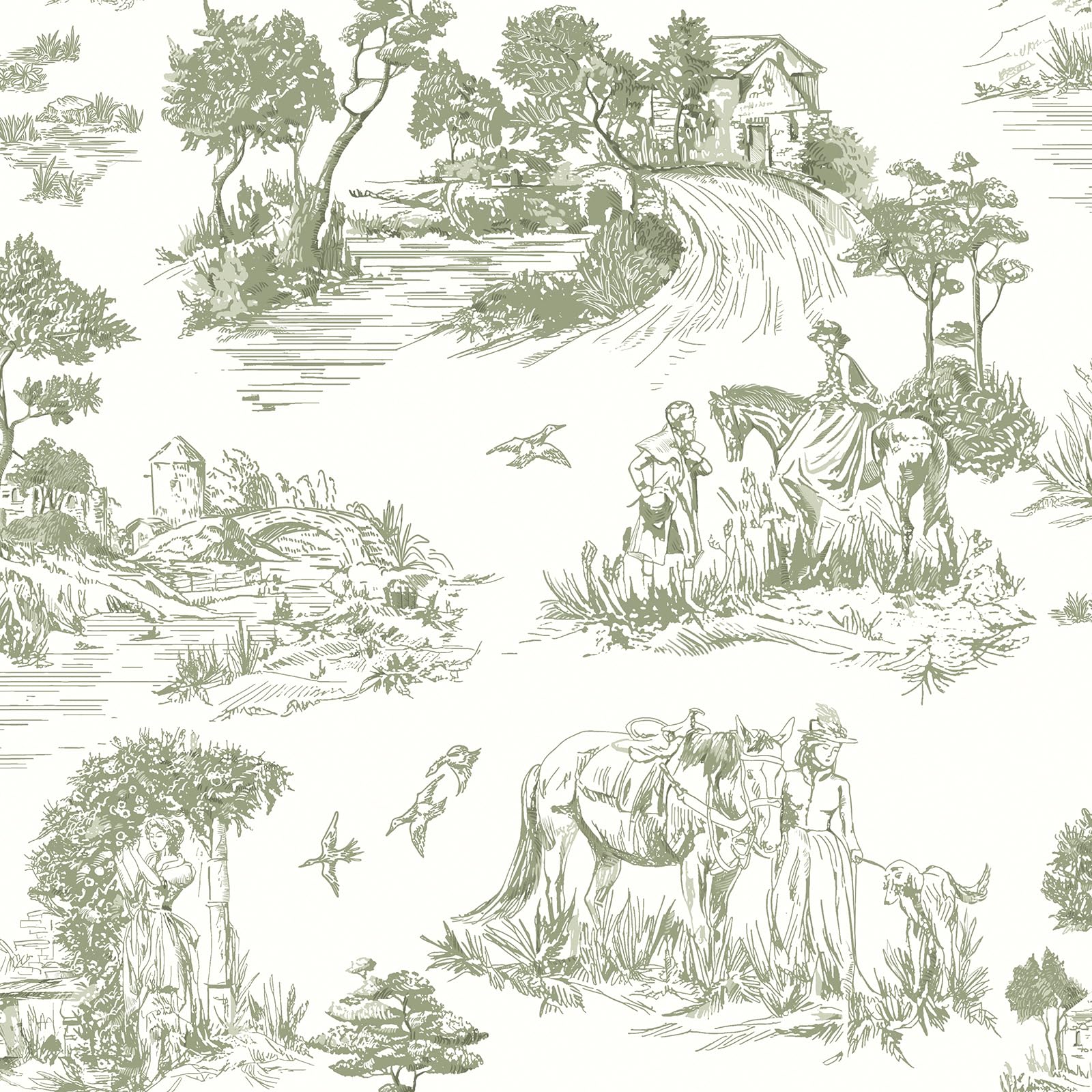 lenify Toile Wallpaper Peel and Stick Wallpaper Line Drawing Wallpaper 16.9inch x 118.1inch Green Vintage Wallpaper Country Life Self-Adhesive Removable Contact Paper for Bedroom Decorative Vinyl