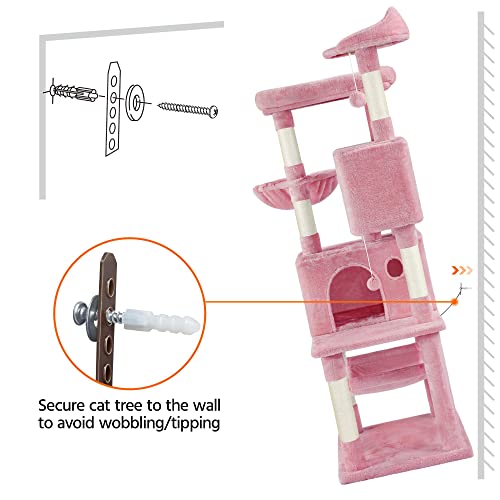 Yaheetech Multi-Level Cat Tree, Large Cat Tower with Condos Platform, Cat House Cat Tree for Medium Cats Pink, 64.5in