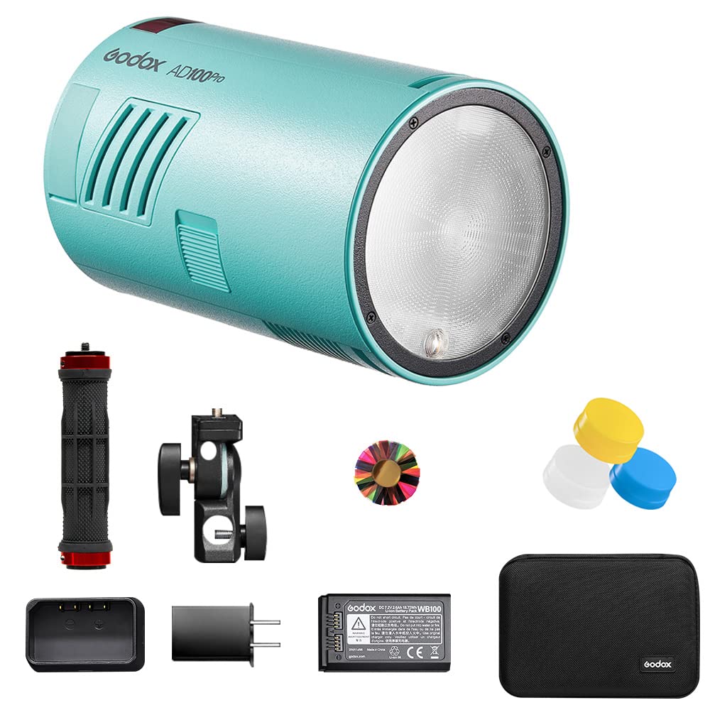 Godox AD100Pro Flash, Godox Mint Green Flash Strobe, 100Ws TTL 2.4G HSS 1/8000s Pocket Flash Light, 2600mAh Battery 360 Full Power Flashes 0.01-1.5s, with Color Diffusers