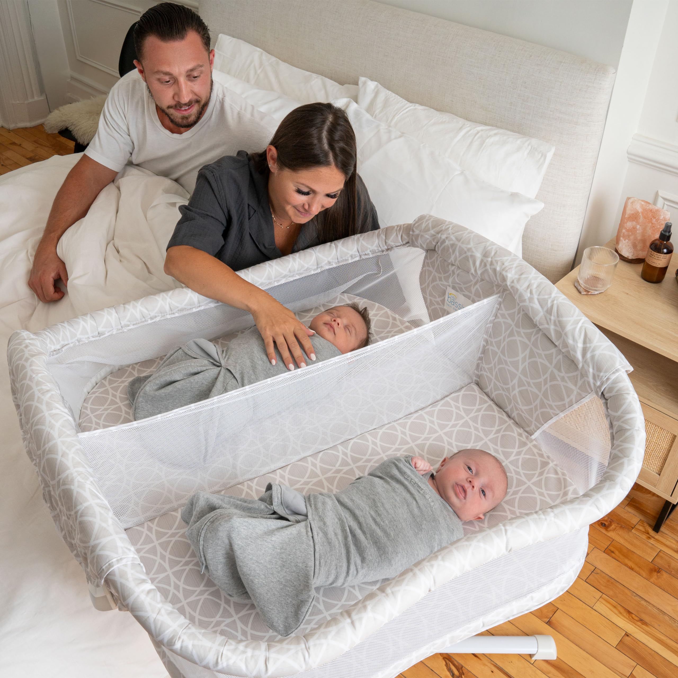HALO BassiNest Twin Sleeper, Bedside Double Bassinet, Adjustable, Soothing Center with, Vibration, Soothing Sounds and Lullabies β Premiere Series, Sand Circle