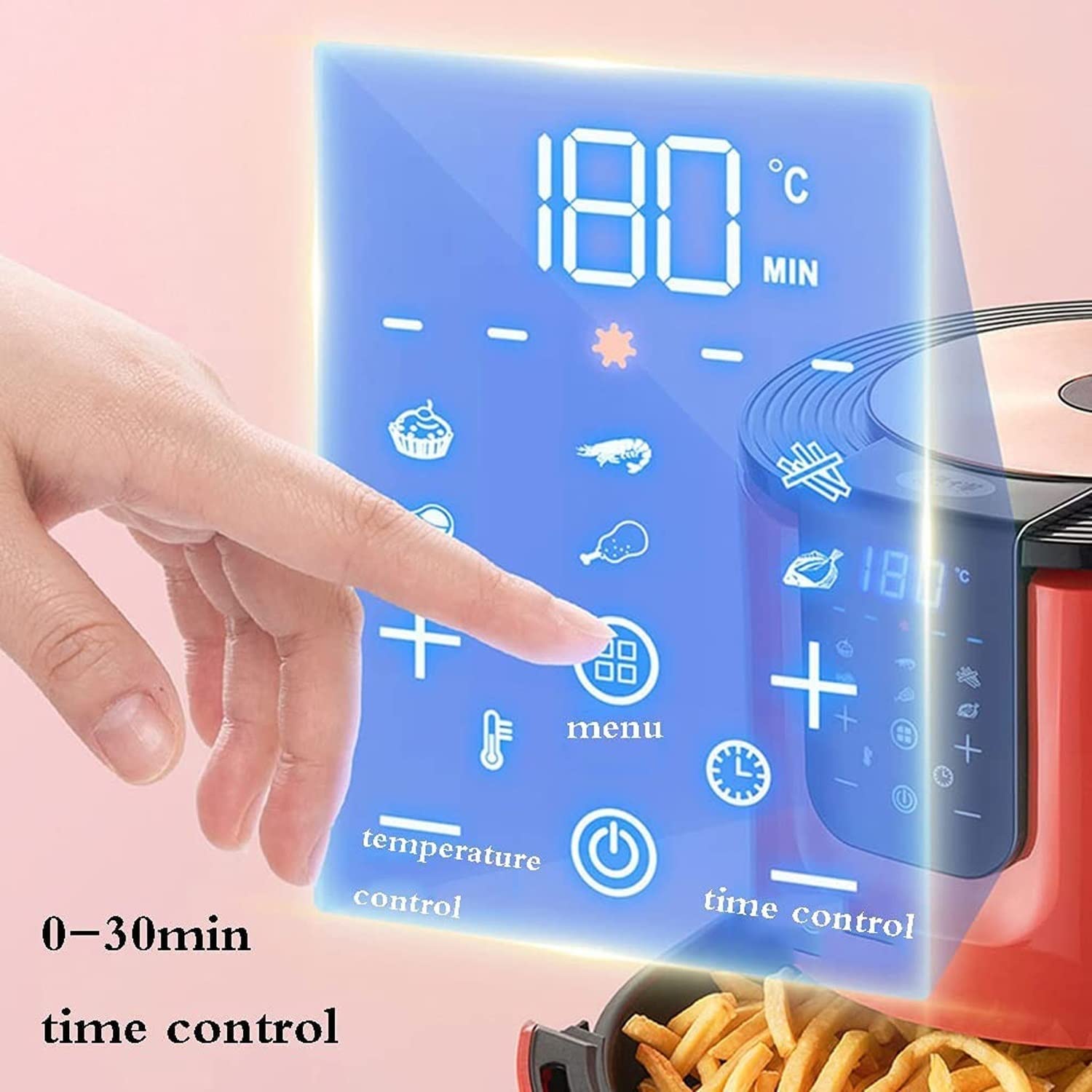 ELEdvb 1500W Air Fryer,Digital Touch Screen Low-Fat French Fries Machine,3QT Cylindrical Multi-Function Oilless Hot Oven with 6 Presets,Preheat and Keep Warm (Red) (Red)