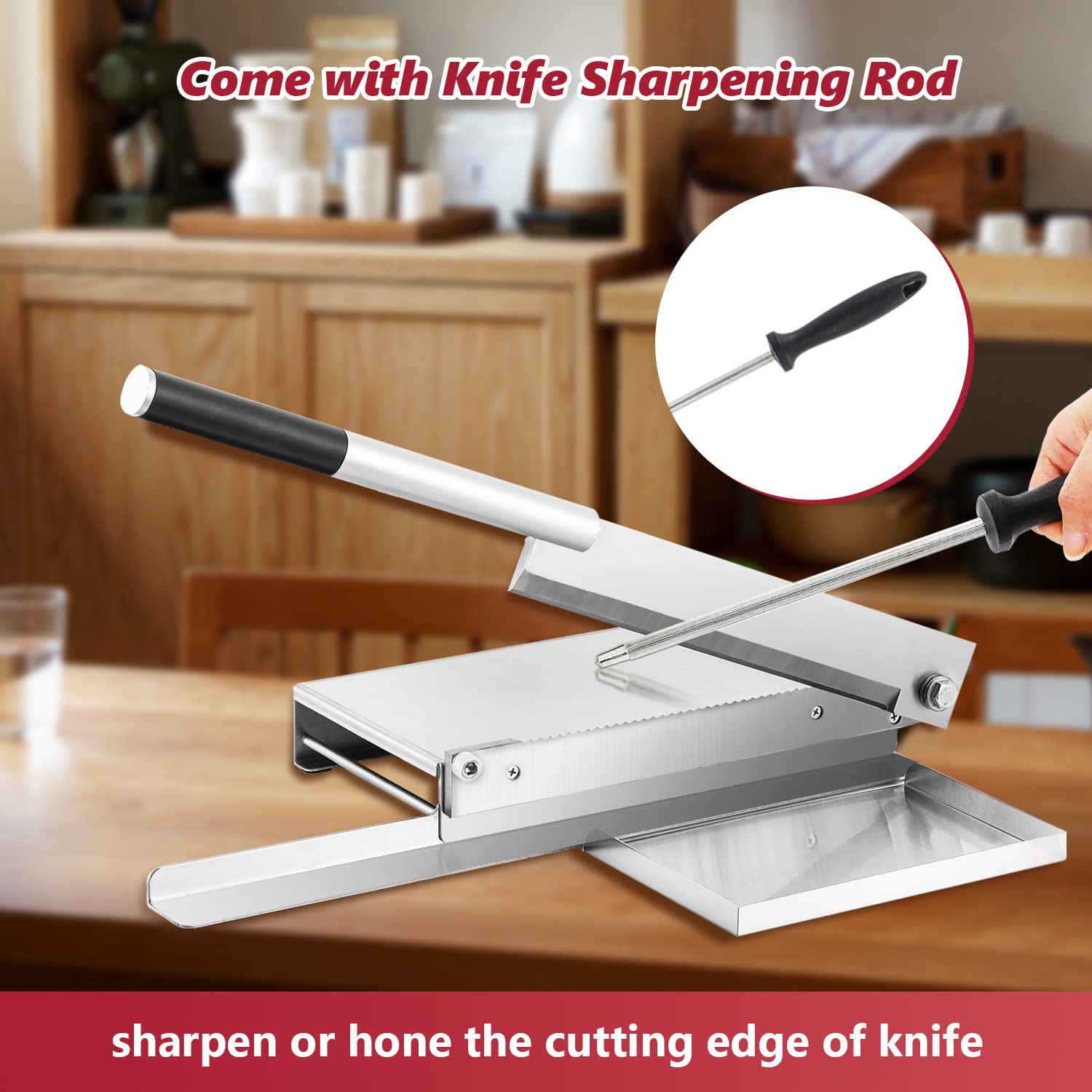 LANUEVA Manual Meat Bone Cutter, 16 inch Heavy Duty Jerky Slicer Chicken Cutting Machine for Butcher Home & Commercial Use, Ribs Meat Chopper with Knife Sharpening Rod
