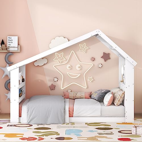 MERITLINE Twin House Bed for Kids Montessori Floor Bed with Roof Window, LED Light, No Box Spring Needed, for Girls Boys (Twin Size, White)