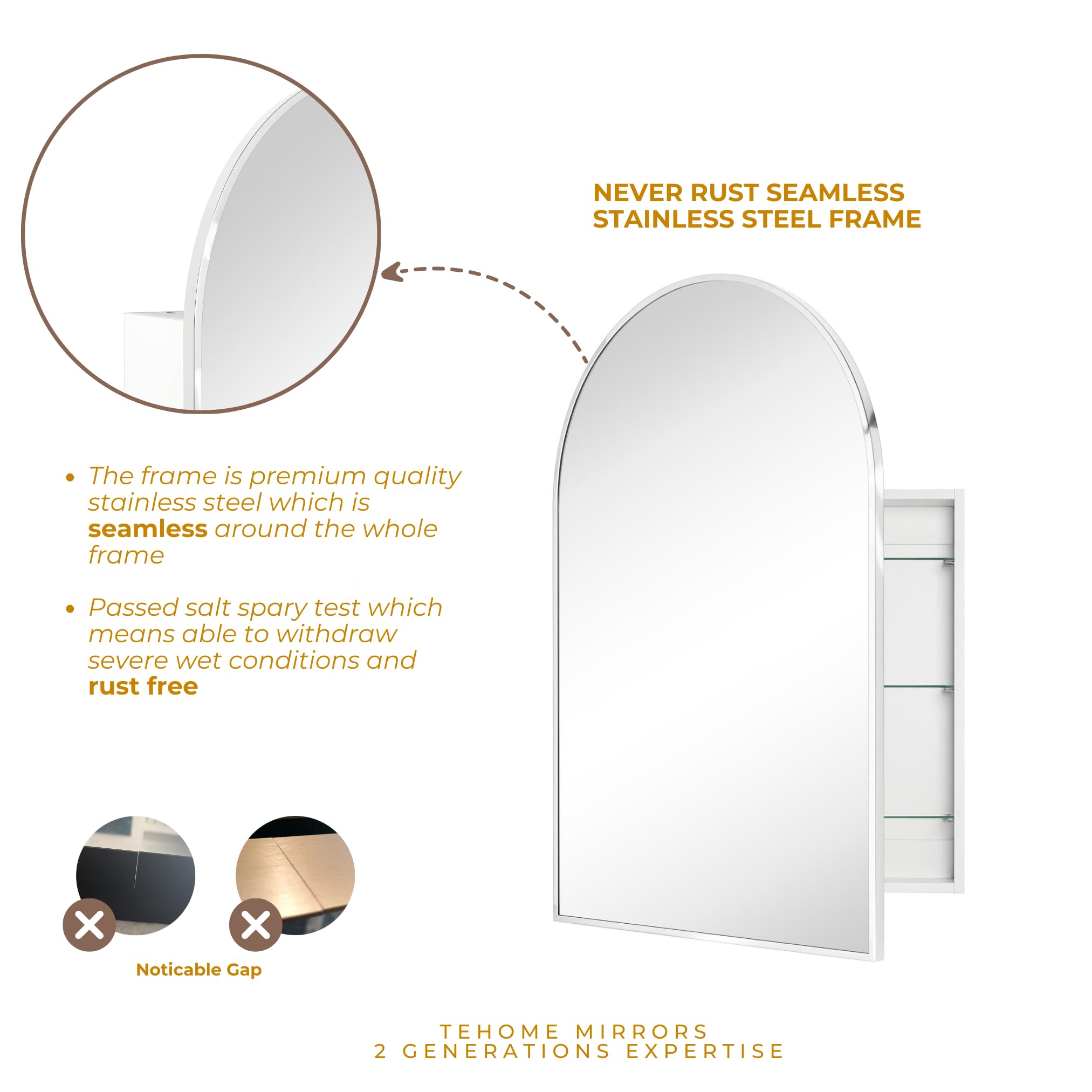 TEHOME 20 x 30'' Brushed Gold Arched Bathroom Medicine Cabinet with Mirror Recessed and Surface Mount Medicine Cabinet Mirror